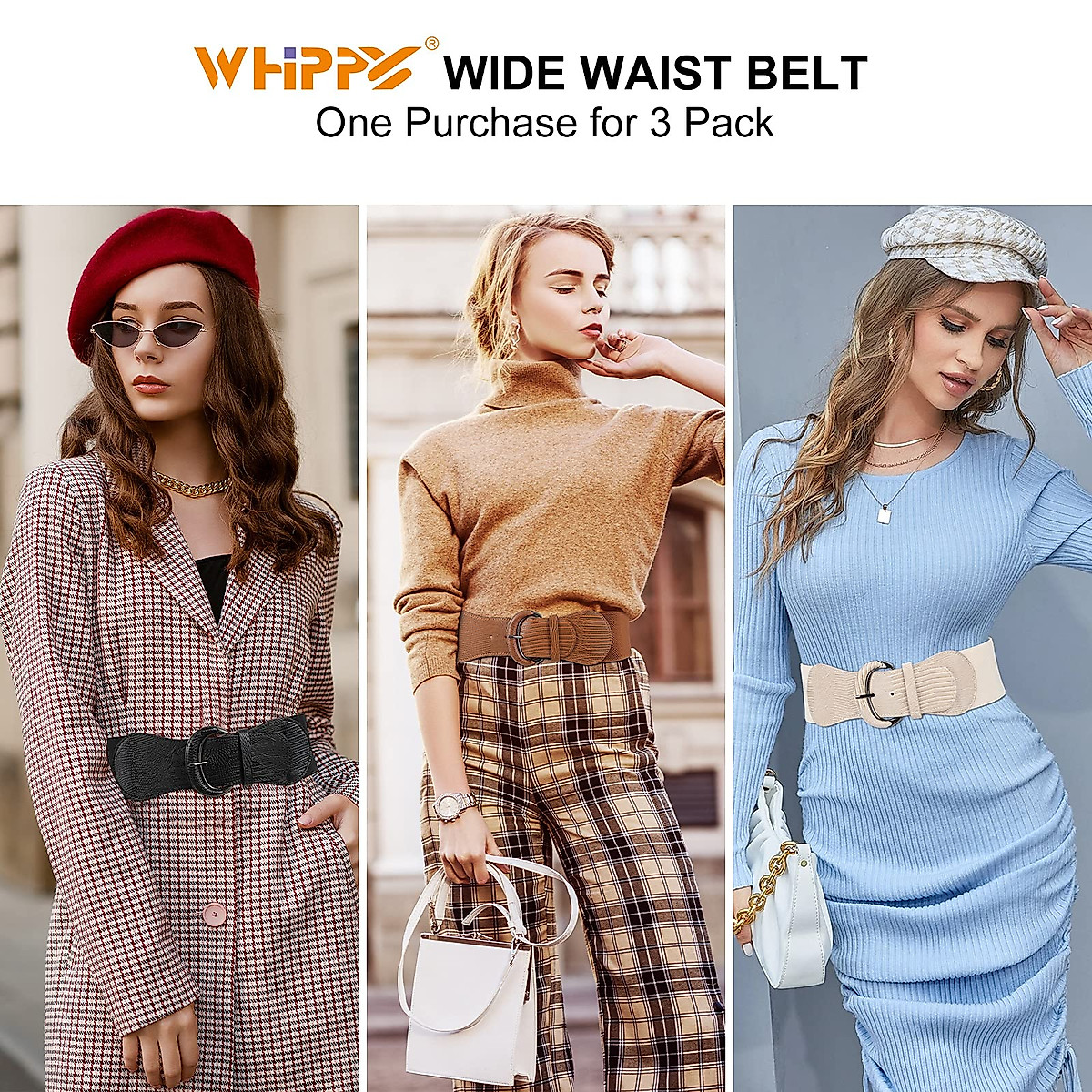 WHIPPY 3 Pack Women Wide Elastic Waist Belt Vintage Stretchy Belt Waistband for Ladies Dresses, Black/Brown/Beige, M
