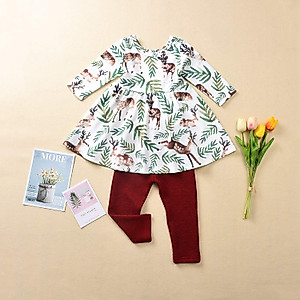 Aalizzwell Toddler Little Girls Ruffle Flare Tunic Dress Top Red Leggings Pants Fall Winter Deer Outfit Set Clothes (White, 3T)