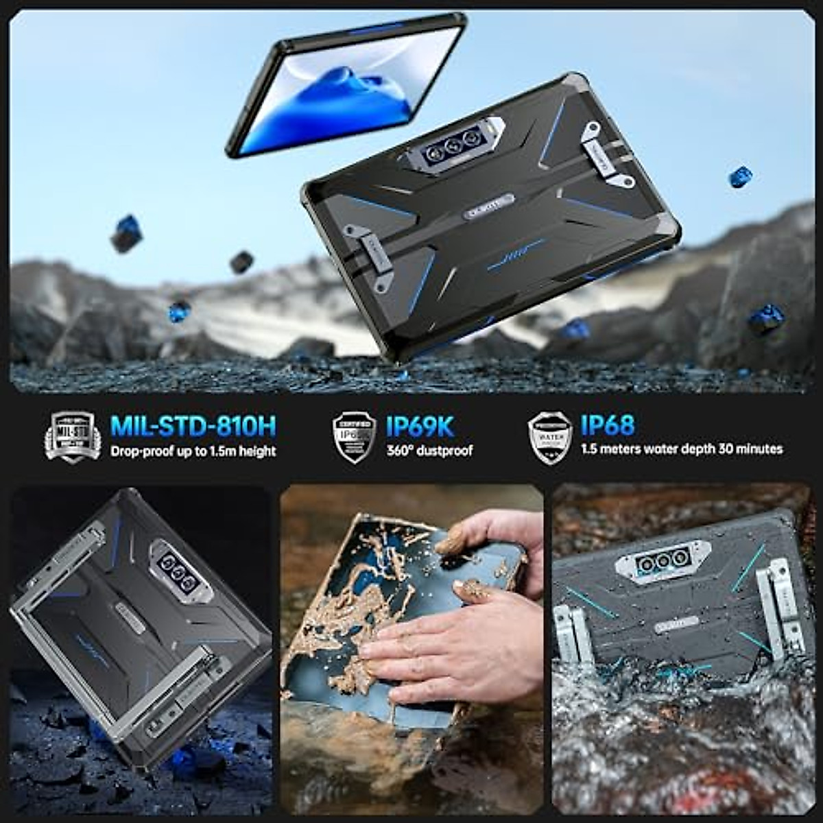 OUKITEL RT7 5G Rugged Tablet - 32000mAh Large Battery,24GB RAM+256GB ROM Android 13 Tablet,10.1 inch FHD+ Screen,48MP+32MP+20MP Night Vision Camera,IP68/IP69K Waterproof Tablet/WiFi/OTG/GPS Blue