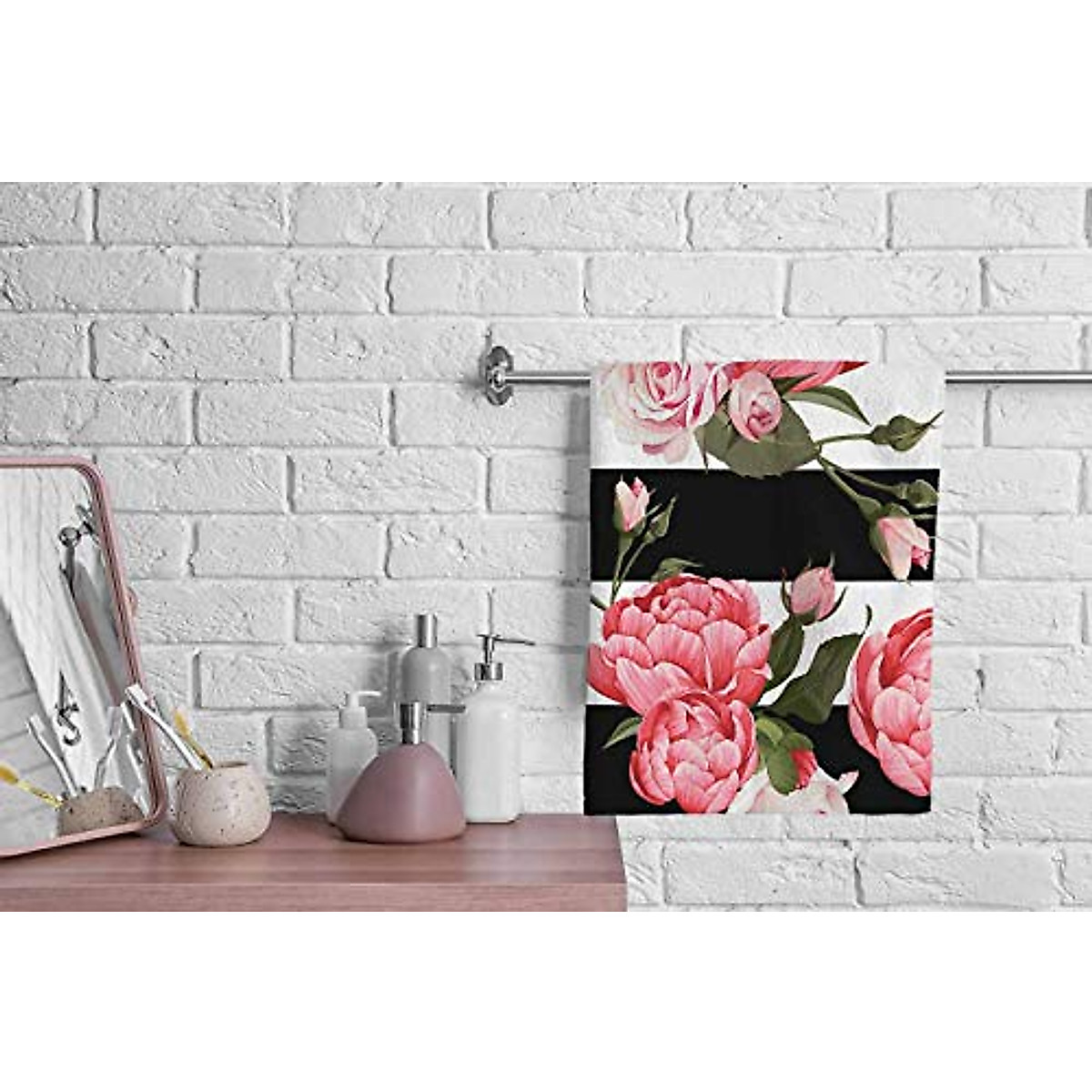 oFloral Peony and Rose Floral Hand Towels Cotton Washcloths,Pink Flower Green Leaves with Black White Stripes Soft Towels for Bathroom Kitchen,Hand Towel 15X30 Inch