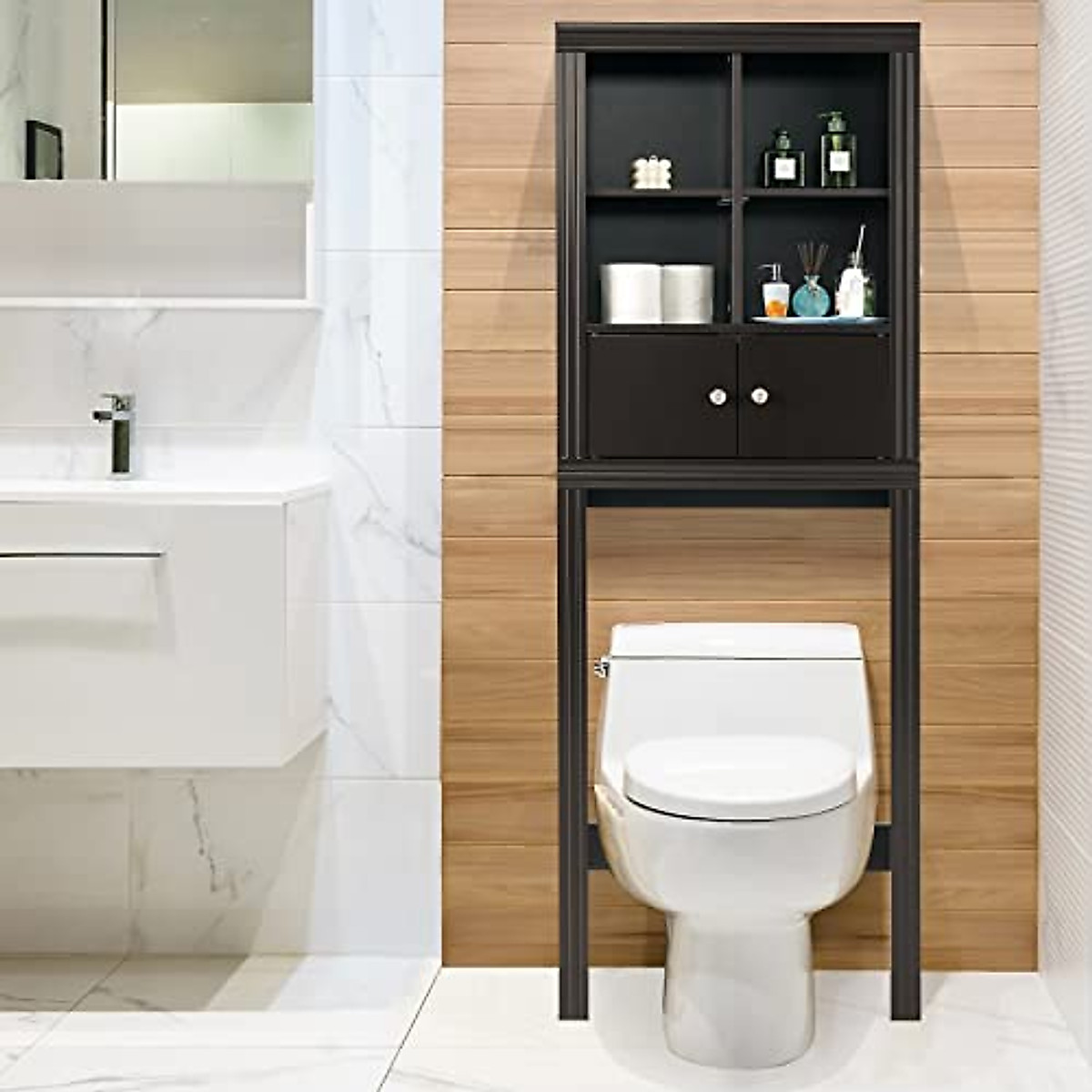 LOKO Over The Toilet Storage Cabinet, 2-Door Tall Bathroom Organizer w/ 4 Open Compartments & Adjustable Shelves, Modern Simple Toilet Space Saver, Ideal for Bathroom Laundry Balcony (Espresso)