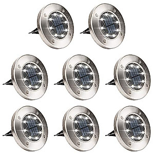 GIGALUMI 8 Pack Solar Ground Lights, 8 LED Solar Powered Disk Lights Outdoor Waterproof Garden Landscape Lighting for Yard Deck Lawn Patio Pathway Walkway (White)