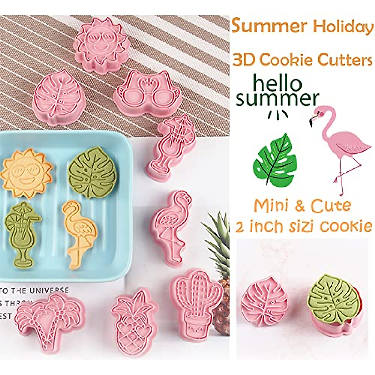 Flamingo Cookie Cutters with Stamper Set, 8-PCS 3D Summer Theme Cookie Cutters Set for Kids Birthday Party and Festival