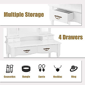 Giantex Vanity Set with Tri-Folding Mirror, Makeup Dressing Table with 4 Drawers and Storage Shelf, Modern Bedroom Bathroom Makeup Vanity Desk with Cushioned Stool for Girls Women (White)