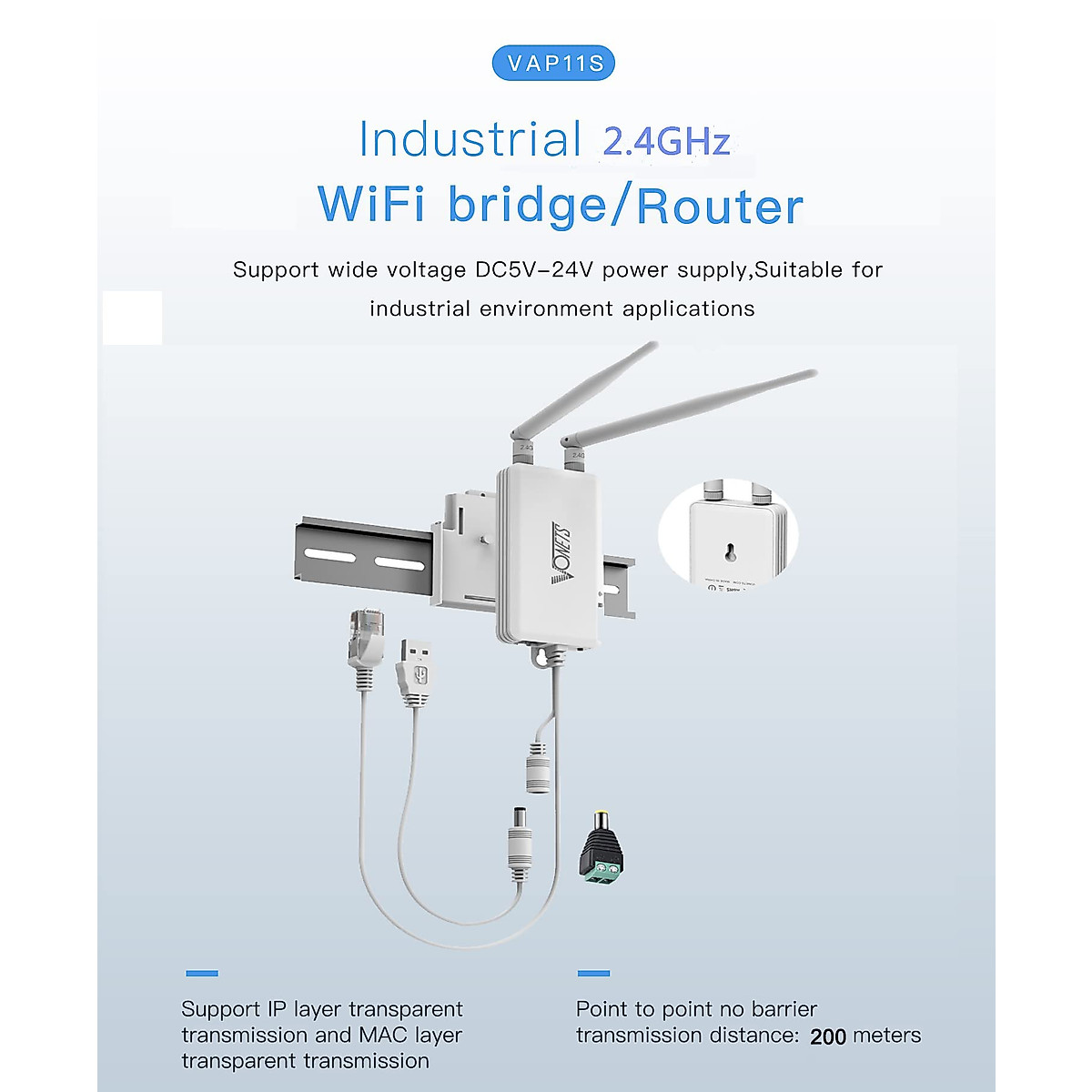 VONETS Industrial 2.4GHz WiFi Bridge Ethernet Wireless Repeater/Mini Router/WiFi Hotspot Extender/Signal Booster, USB/DC Powered, 2 RJ45 Ports for DVR, IP Camera, PLC, PS3, Network Devices VAP11S