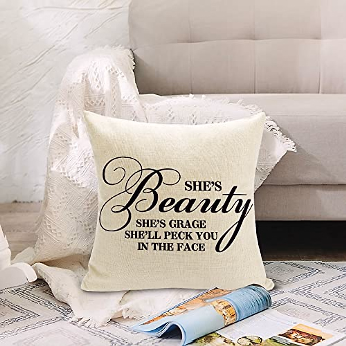Farmhouse Pillow Covers 18x18 She's Beauty,She's Grage She'll Peck You in The Face Cotton Linen Throw Pillow Covers Decorative Home Decor Square She's Beauty Cushion Case for Couch