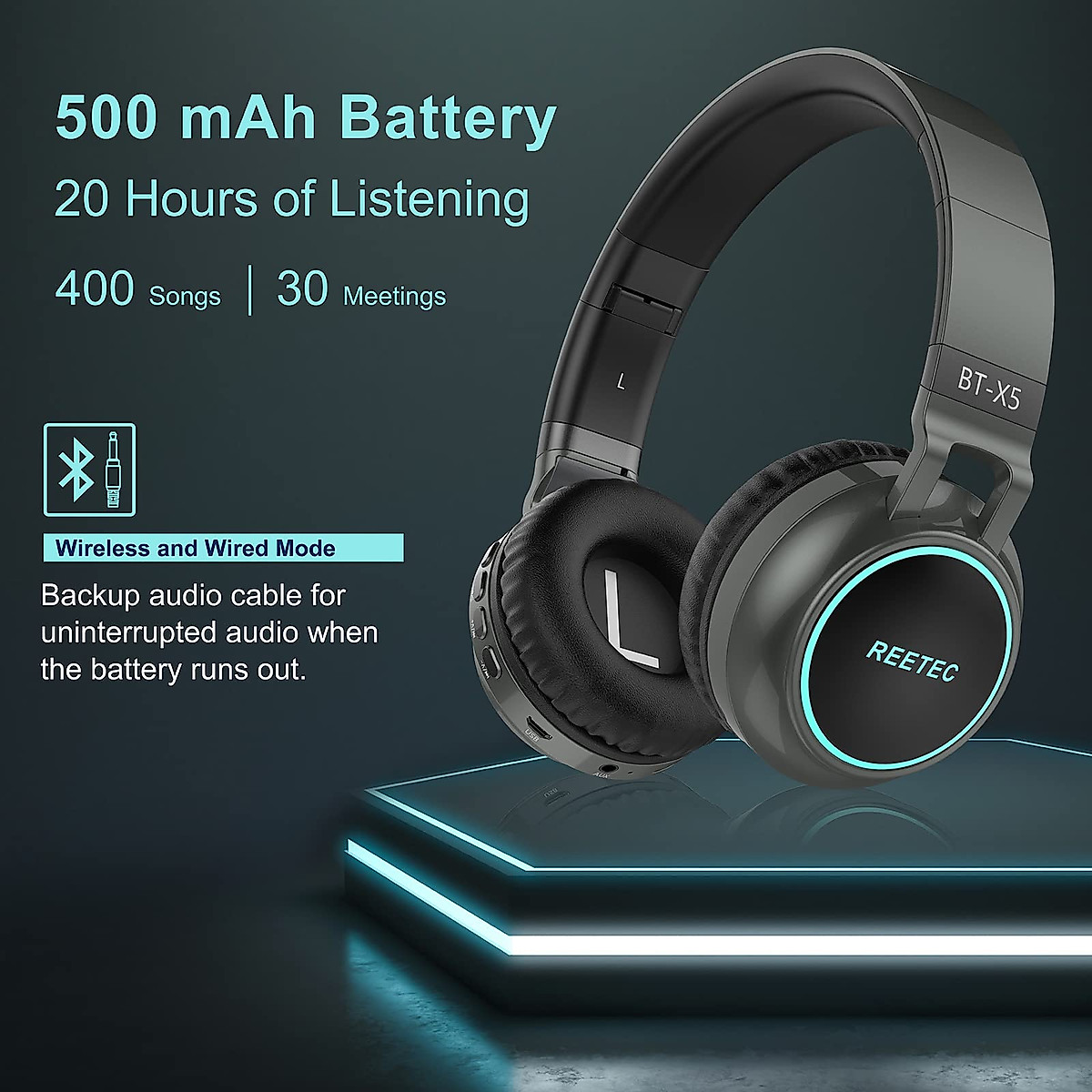 REETEC Bluetooth Headphones Over Ear - [Colorful LED Lights, 20H Playtime] Foldable Hi-Fi Stereo Wireless Headphones with Built-in Mic for iPhone, iPad, Smartphones, Laptop, PC, SD/TF, Grey