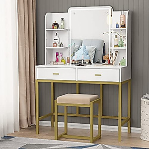 AOUSTHOP Vanity Set with Lighted Mirror, Makeup Vanity Dressing Table with LED Lights, Storage Shelves, Cushioned Stool & 2 Drawers, Dresser Desk for Bedroom, Gold-White
