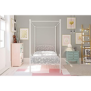 DHP Metal Canopy Kids Platform Bed with Four Poster Design, Scrollwork Headboard and Footboard, Underbed Storage Space, No Box Sring Needed, Twin, White