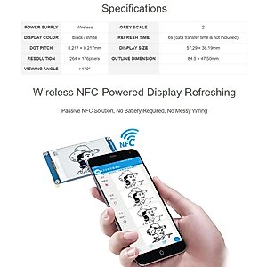 Waveshare 2.7inch Passive NFC-Powered E-Paper Module No Battery Wireless Powering & Data Transfer Provides Android APP Black and White Display