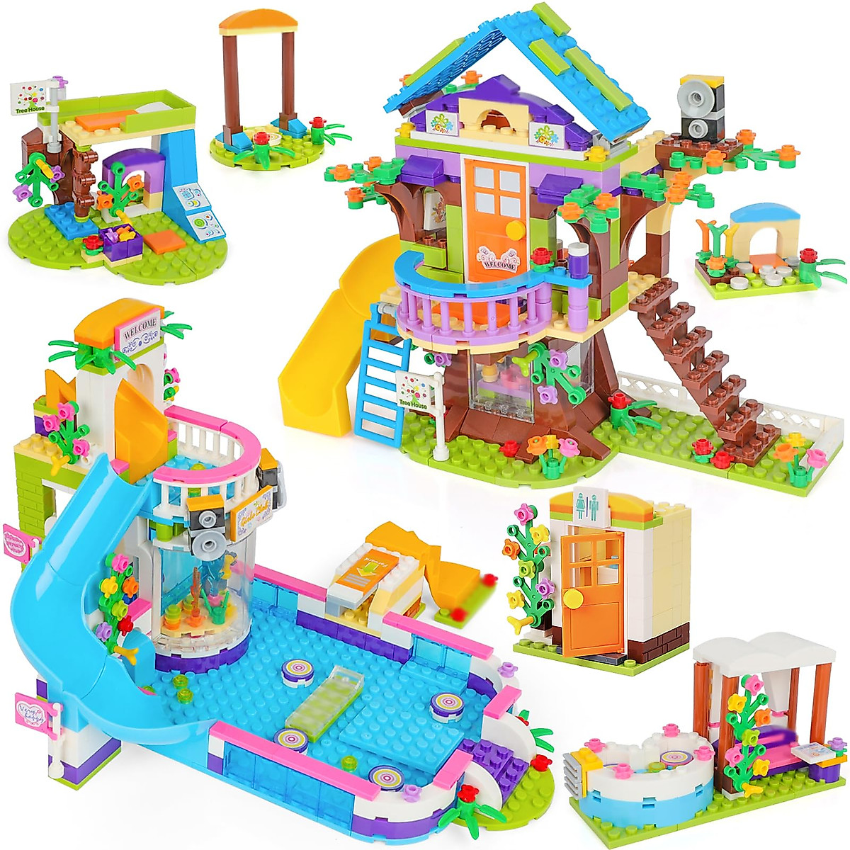 1274 Pieces Friends Tree House Summer Pool Party Building Kit, Friends Treehouse Swimming Pool Building Set with Storage Box, Creative Building Blocks Toy Birthday Gifts for Kids Girls Aged 6-12