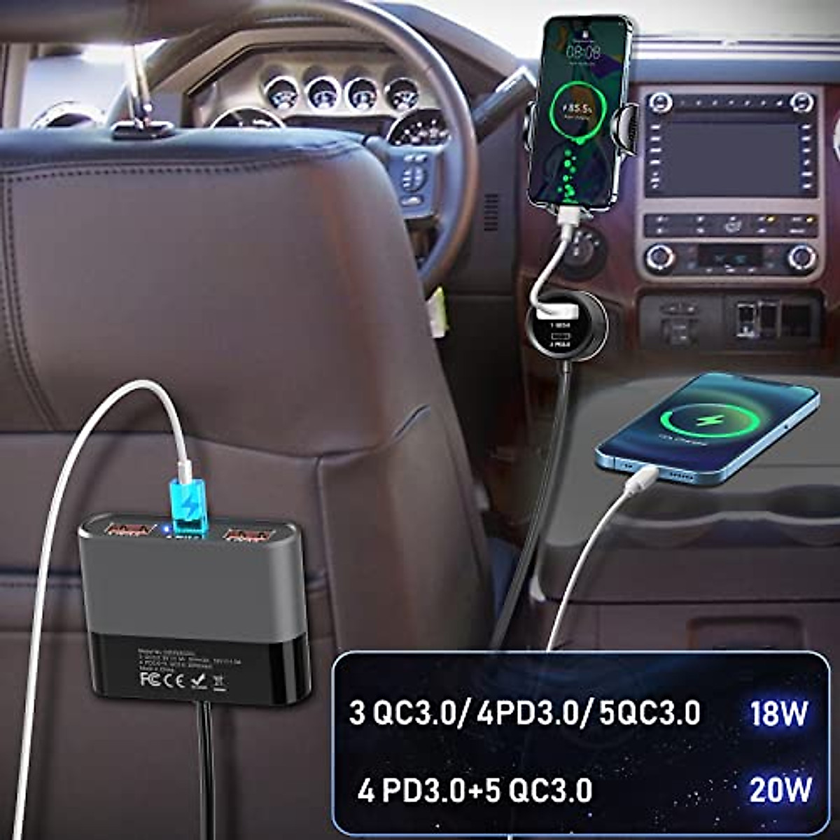 Multi 5 Ports USB C Car Charger, 74W QC3.0 & PD3.0 Type C Cigarette Lighter Adapter Front and Back Seats Fast Charger with 5FT Cable for Samsung Galaxy S21/20, iPhone, Google Pixel, iPad Pro and More