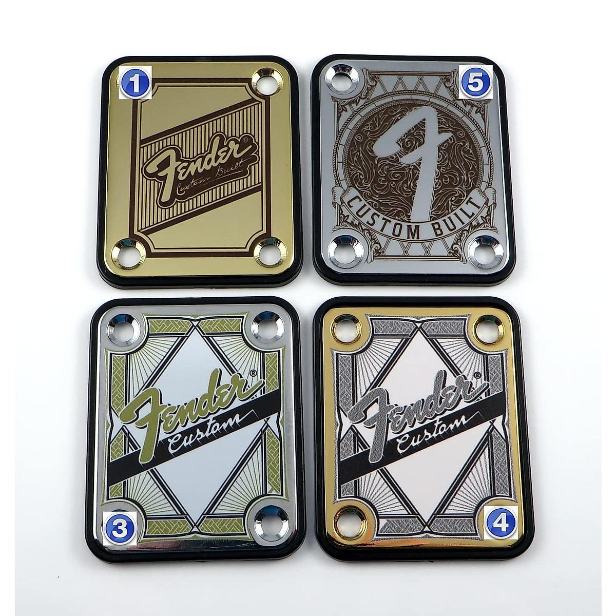 Standard 4 Bolt "Custom Built" Engraved or Printed Guitar Neck Plate - Choose from 4 designs - Silver, Gold or Black