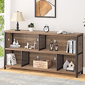 LVB Industrial Horizontal Bookshelf, 4 5 6 7 8 Cube Storage Organizer Bookcase, Modern Wide Large Book Shelf for Bedroom Living Room, Rustic Low Long Wood Metal Office Cubby Shelf, Rustic Oak, 63 Inch