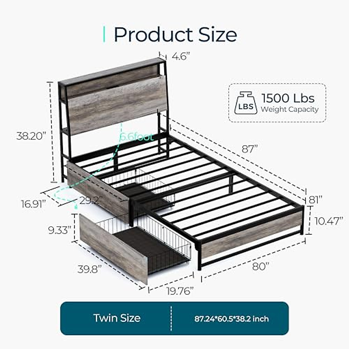 LINSY Twin Bed Frames with Ergonomic Headboard & Lights, Twin Size Bed Frame with 2 Drawers & Charger, Kids Bed Frame with Storage, Greige
