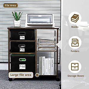 Homde 3 Drawer Bamboo File Cabinet Whit Wheel,Mobile Office Lateral File Cabinets,File Folders for Filing Cabinet,Printer Stand with Open Storage Shelf fits A4 Letter Size for Home Office,Brown