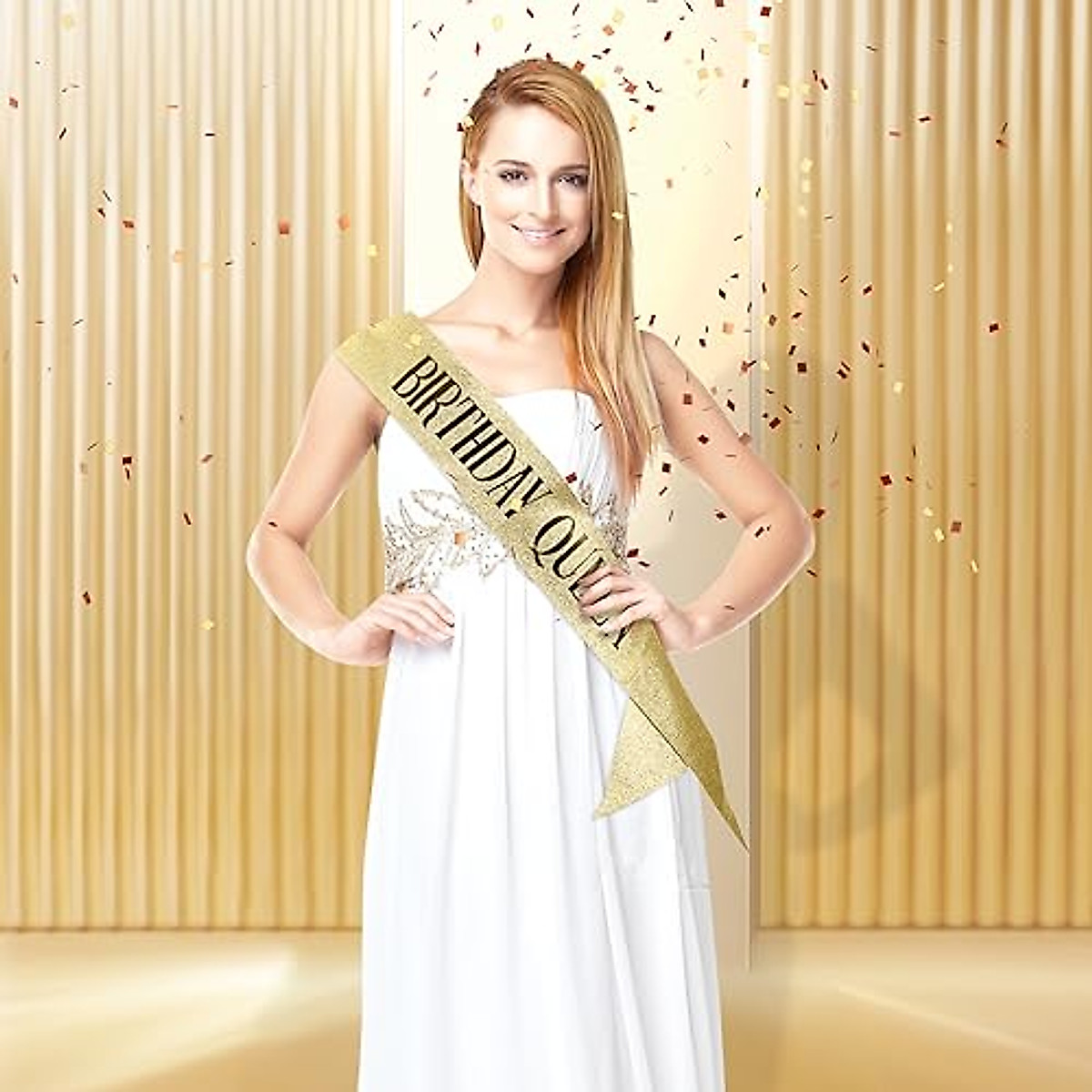 GINZU Birthday Queen Sash and Crystal Tiara Set, Gold Tiara and Crowns for Women Birthday Gift for Girl Kit Decorations Set Rhinestone Hair Accessories Glitter Stain Silk Sash for Party