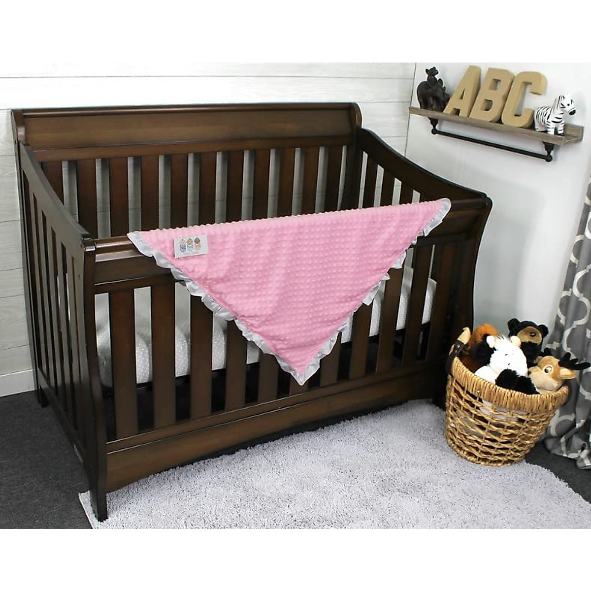 Baby Blanket - Kitty Cats on Grey with Pink Minky Dot and Satin Ruffled Edge