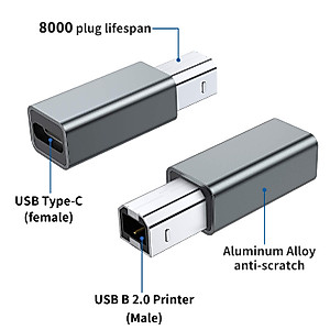USB C Female to Printer Male Adapter (2-Pack), USB Type C to USB B Convert Connector Support Data Sync Compatible with Brother HP Canon Lexmark Epson Dell Xerox Samsung etc and Piano DAC (Grey)
