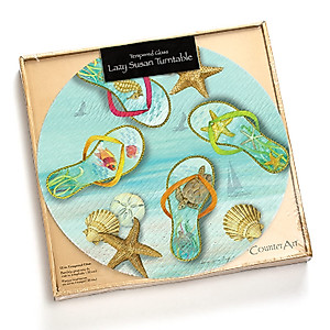 CounterArt Blue Sea Flip Flops 4mm Heat Tolerant Tempered Glass Lazy Susan Turntable 13" Diameter Cake Plate Condiment Caddy Pizza Server