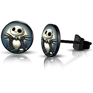 SIISPRI 316L Surgical Stainless Steel Halloween Jack Skellington Round Circle Button Stud Post Earrings 10MM (black-blue)