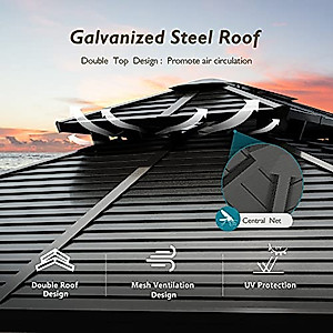 Binplax 10' x 12' Hardtop Metal Gazebo, Double Roof Gazebo with Aluminum Frame, Hardtop Gazebo with a Brown Mosquito Net and Privacy Sidewalls for Garden, Patio