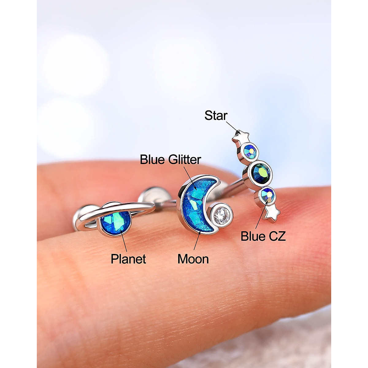 Melighting Labret Jewelry Internally Threaded 16G Blue Glitter Planet Labret Stud Stainless Steel 316L Moon Helix Earrings Star Tragus Conch Piercing Jewelry for Women