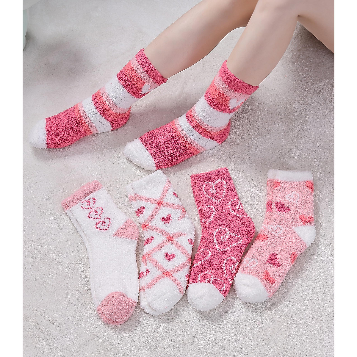 SDBING Fuzzy Socks for Women Soft Fluffy Home Sleeping Socks Cozy Warm Slipper Socks 6 or 5 Pairs (5 Pairs Pink Hearts)