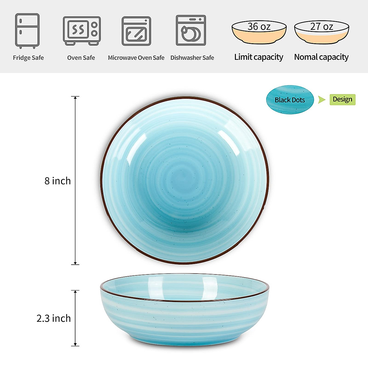 Selamica Ceramic 36 Ounce Large Pasta Bowls Set, 8 Inch Salad Bowls, Wide and Shallow Porcelain Soup Bowls, Stackable Serving Bowls, Microwave Dishwasher Safe, Gift, Set of 4, Gradient Blue