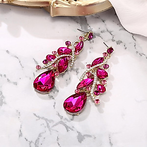BriLove Women's Bohemian Boho Dangle Earrings with Crystal Multi Teardrop Filigree Cluster Chandelier Fuchsia Gold-Tone