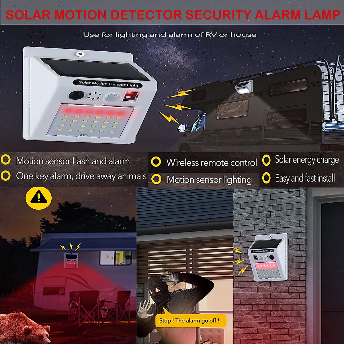 AMZSTAR Solar Motion Sensor Security Lights Wall Lights with Remote Solar Sound Alarm Strobe Light,3 Modes Waterproof Solar Alarm Lights Outdoor Solar Lamp for Farm,Barn,Villa,Yard,Garden (2pcs)