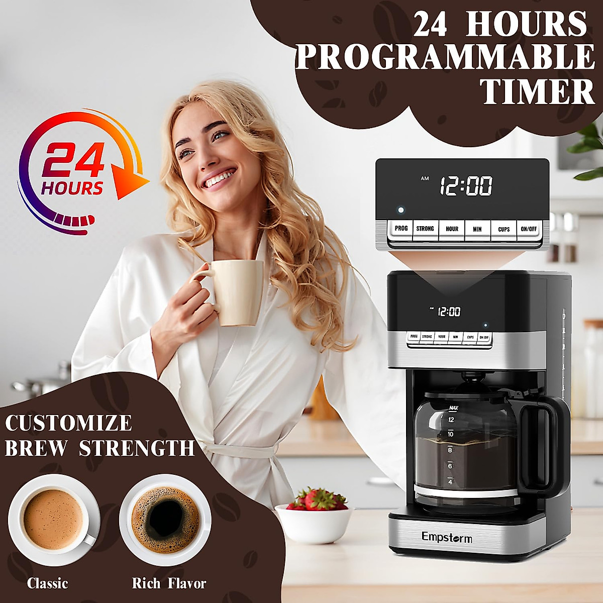 Empstorm 12 Cup Programmable Drip Coffee Maker - 1000W Fast Brew Coffee Machine with Glass Carafe, Auto Shut Off & 4-Hour Keep Warm, Anti-Drip System, Strong Brew, Black with Stainless Steel Accents