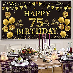 Trgowaul 75th Birthday Backdrop Gold and Black 5.9 X 3.6 Fts Happy Birthday Party Decorations Banner for Women Men Photography Supplies Background Happy Birthday Decoration