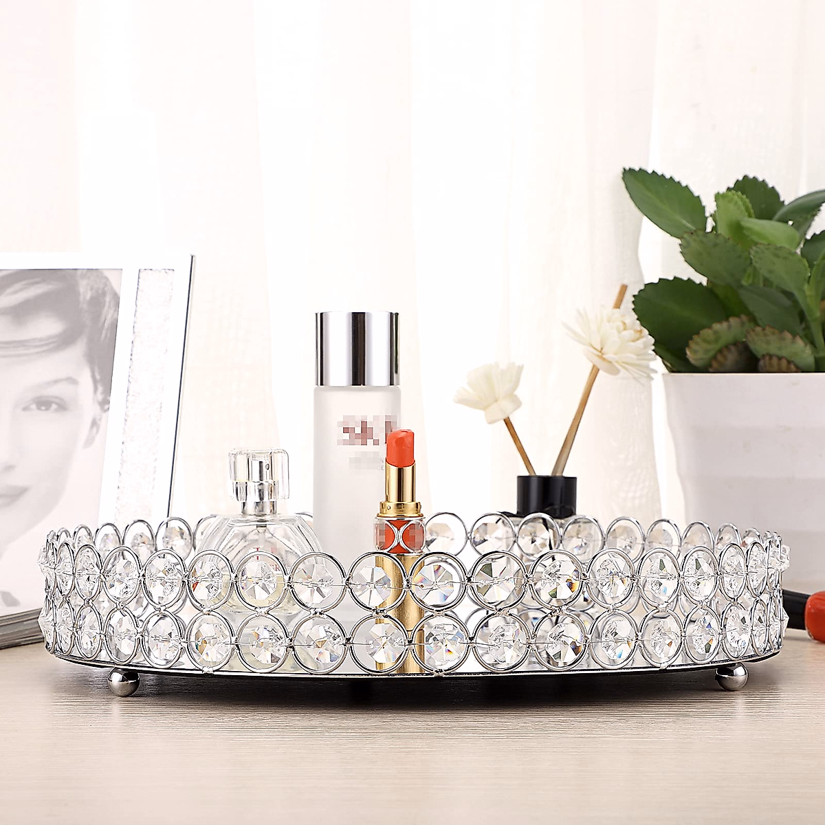 Hipiwe Crystal Vanity Tray -11.8” inch Large Mirror Jewelry Trinket Display Tray Make up Cosmetic Organizer Tray Perfume Tray Dresser Tray Bathroom Tray for Home Decor