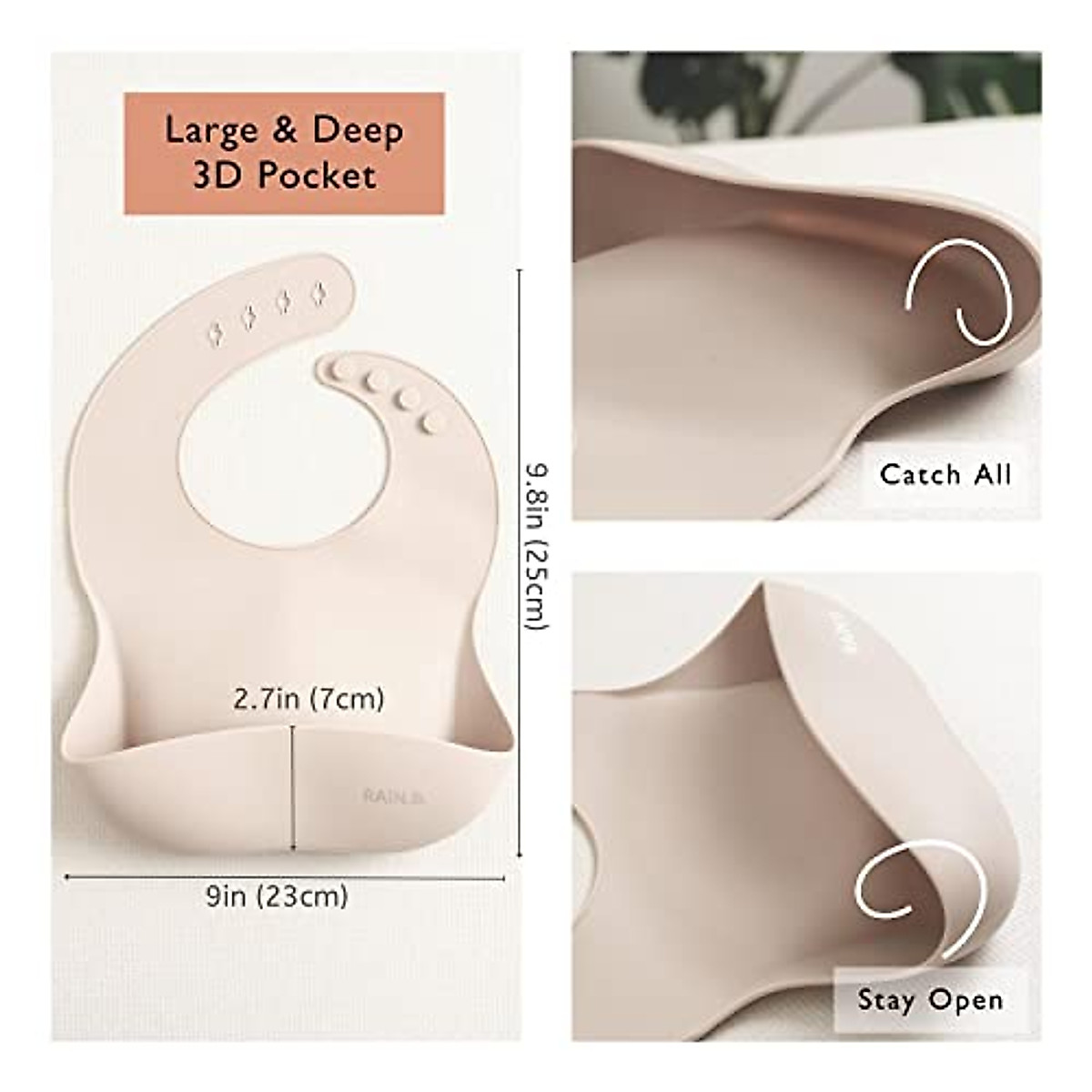 RAIN.B. Baby Silicone Bib Set of 2 - Adjustable Waterproof Baby Food Bibs with Food Catcher｜Cherry Blush + Glacier Blue