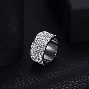 IFUAQZ Stainless Steel Gorgeous Silver 8 Rows Lines Cz Cubic Zirconia Clear Crystal Eternal Wedding Band Ring 12mm, Silver White Size 7