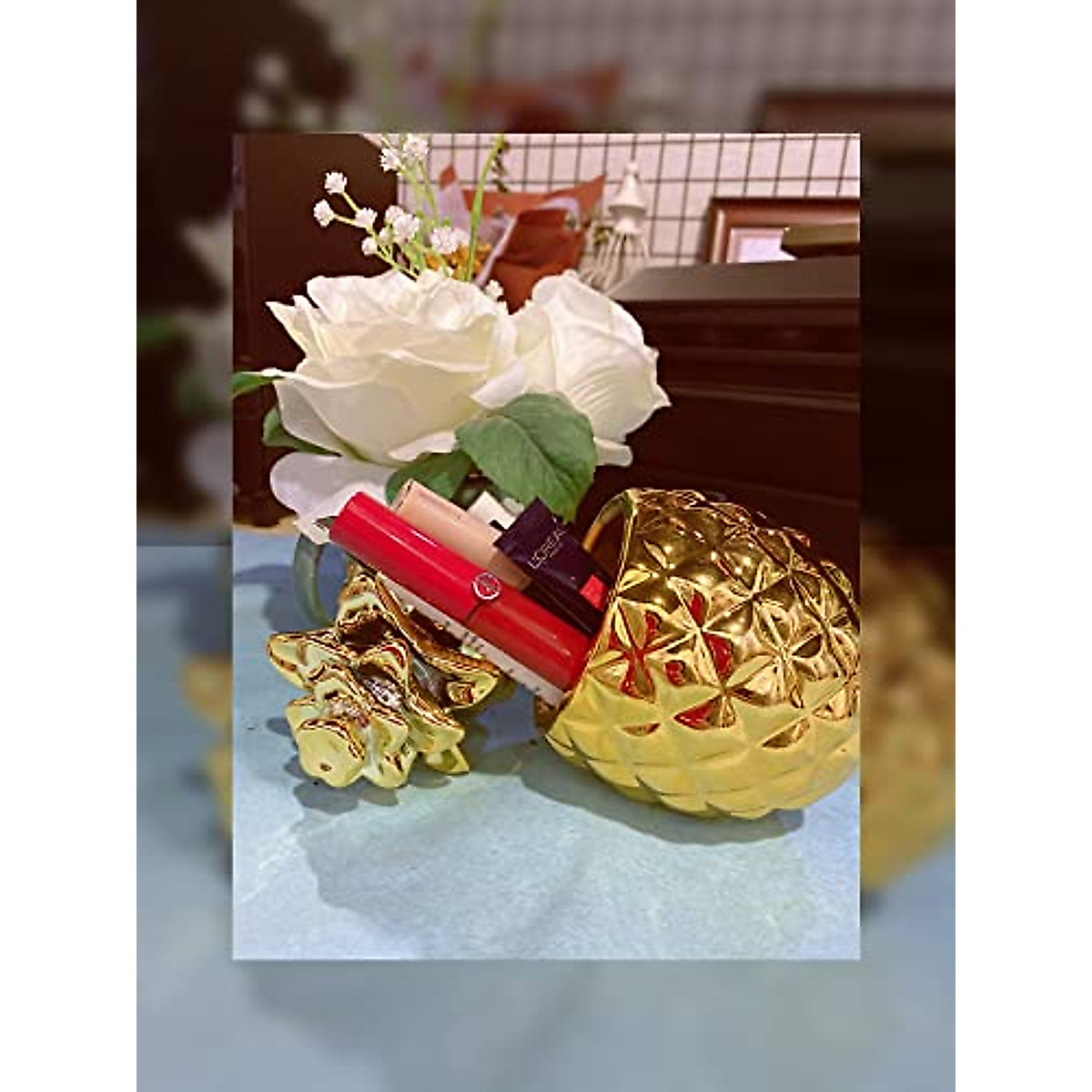 WONTHAI Pineapple Shaped Ceramic Jar - Cookie Candy Storage- for Home Bathroom or Office Table Decor- Gold