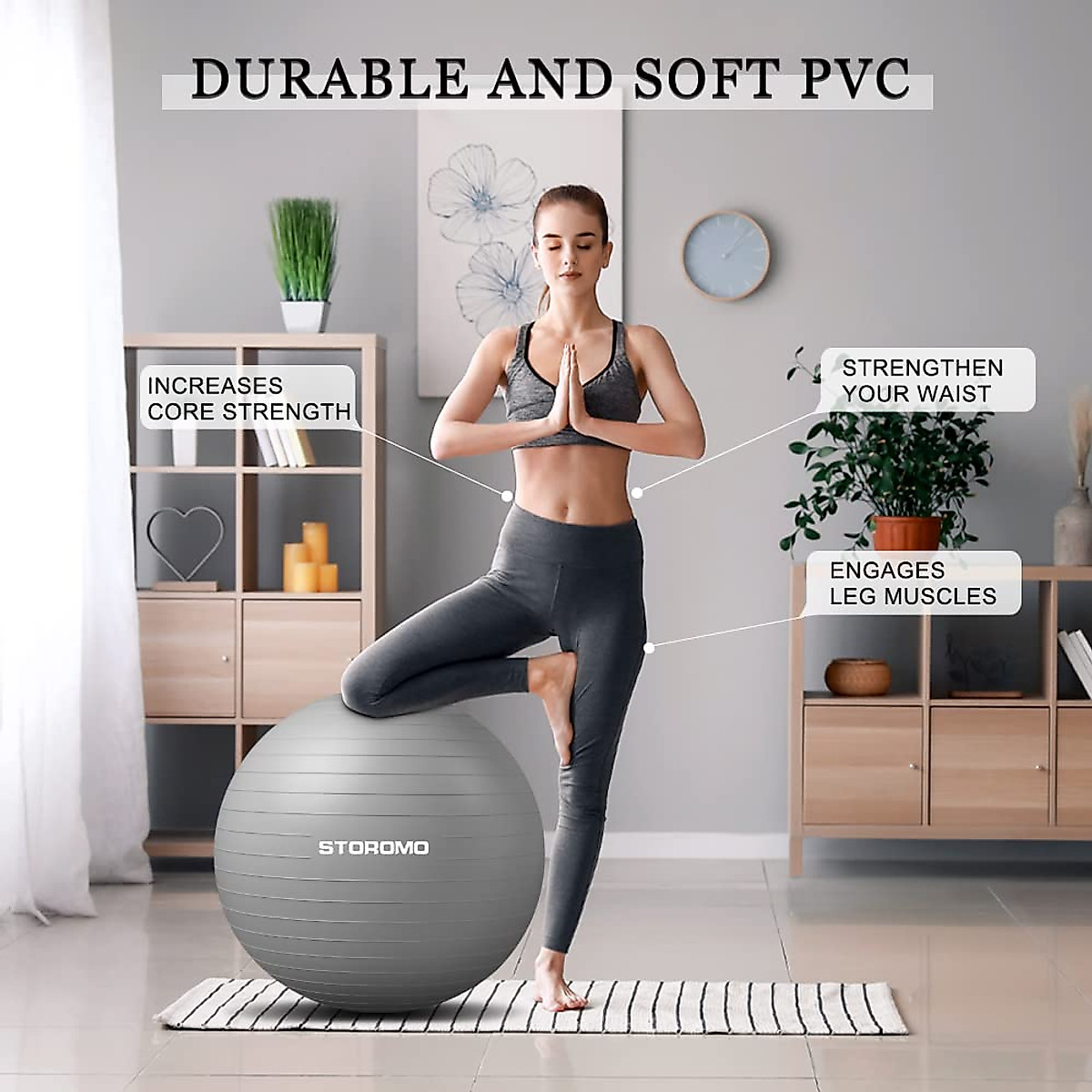 STOROMO Exercise Ball,Yoga Ball(with Exercise Tutorial)，Extra Thick Non-Slip,Holds 2500 lbs, Workout Ball for Pregnancy Birthing and Balance Stability (Silver, 45cm/17.7in)