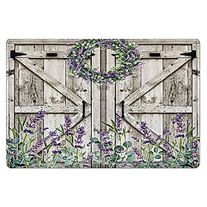 LB Western Barn Door Shower Curtain Sets with Rugs Purple Lavender and Green Eucalyptus Wreath Fabric Shower Curtain with Hooks Rustic Wood Board Bathroom Curtains Shower Set, 72x72 inches