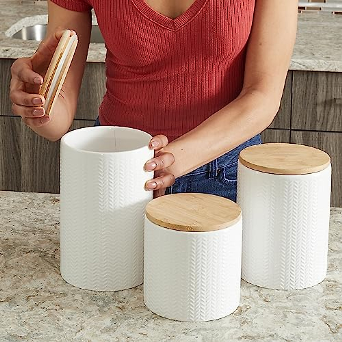 Home Basics Wave 3 Piece Ceramic Canister Set With Bamboo Tops, White