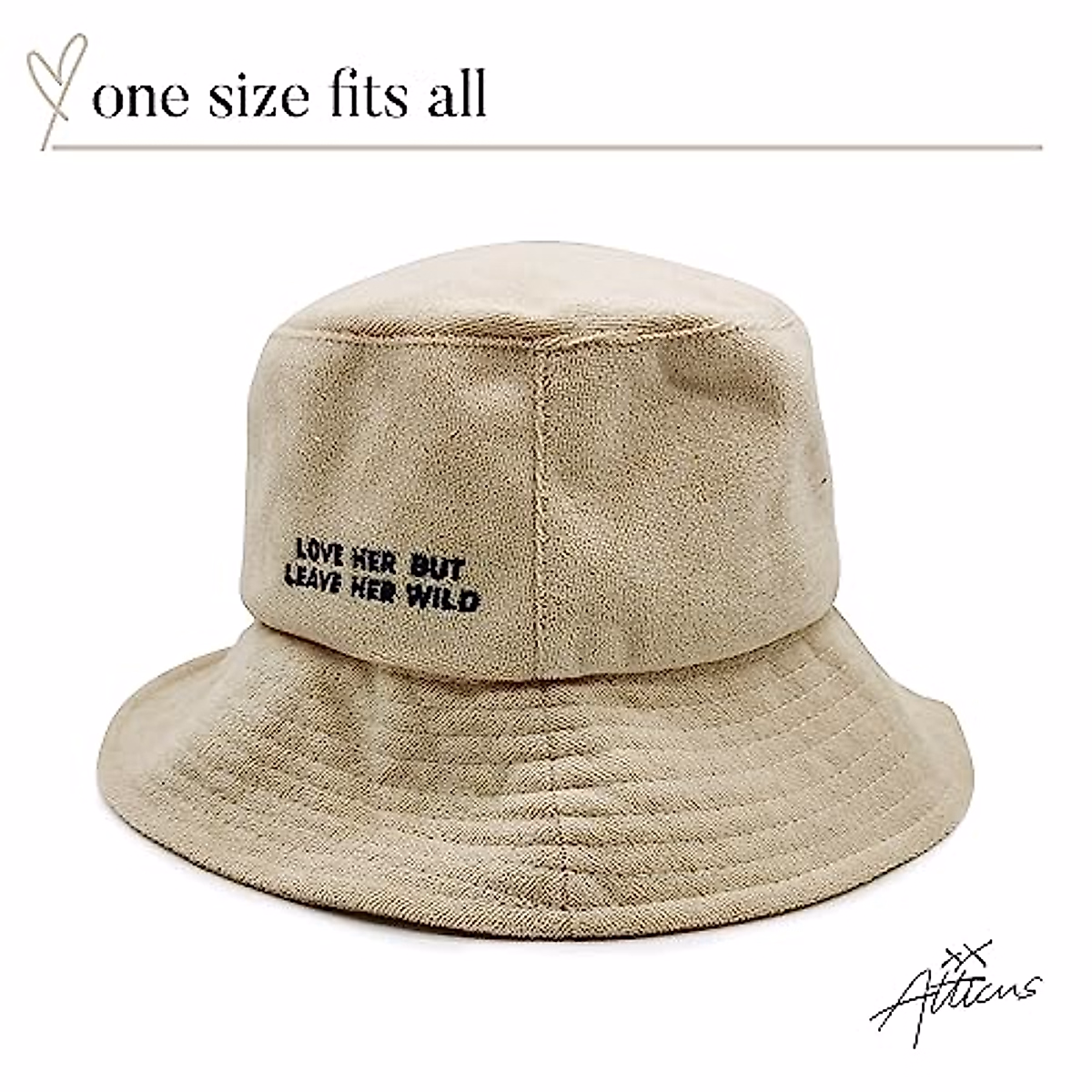 Atticus Poetry Bucket Hat, Love Her But Leave Her Wild - Trendy Summer Girl Terry Cloth Cap, Sun Hats for Women, One Size (Khaki, Heart)