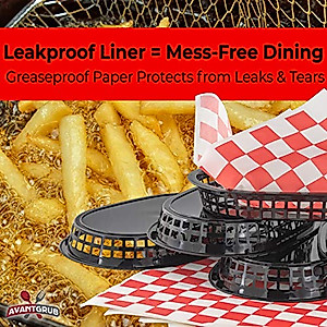 Retro Style Black Fast Food Basket (12Pk) and Red Checkered Deli Liner (120Pk) Combo. Classic 11 In Deli Baskets Are Microwavable and Dishwasher Safe. Disposable Deli Paper Squares for Easy Cleanup