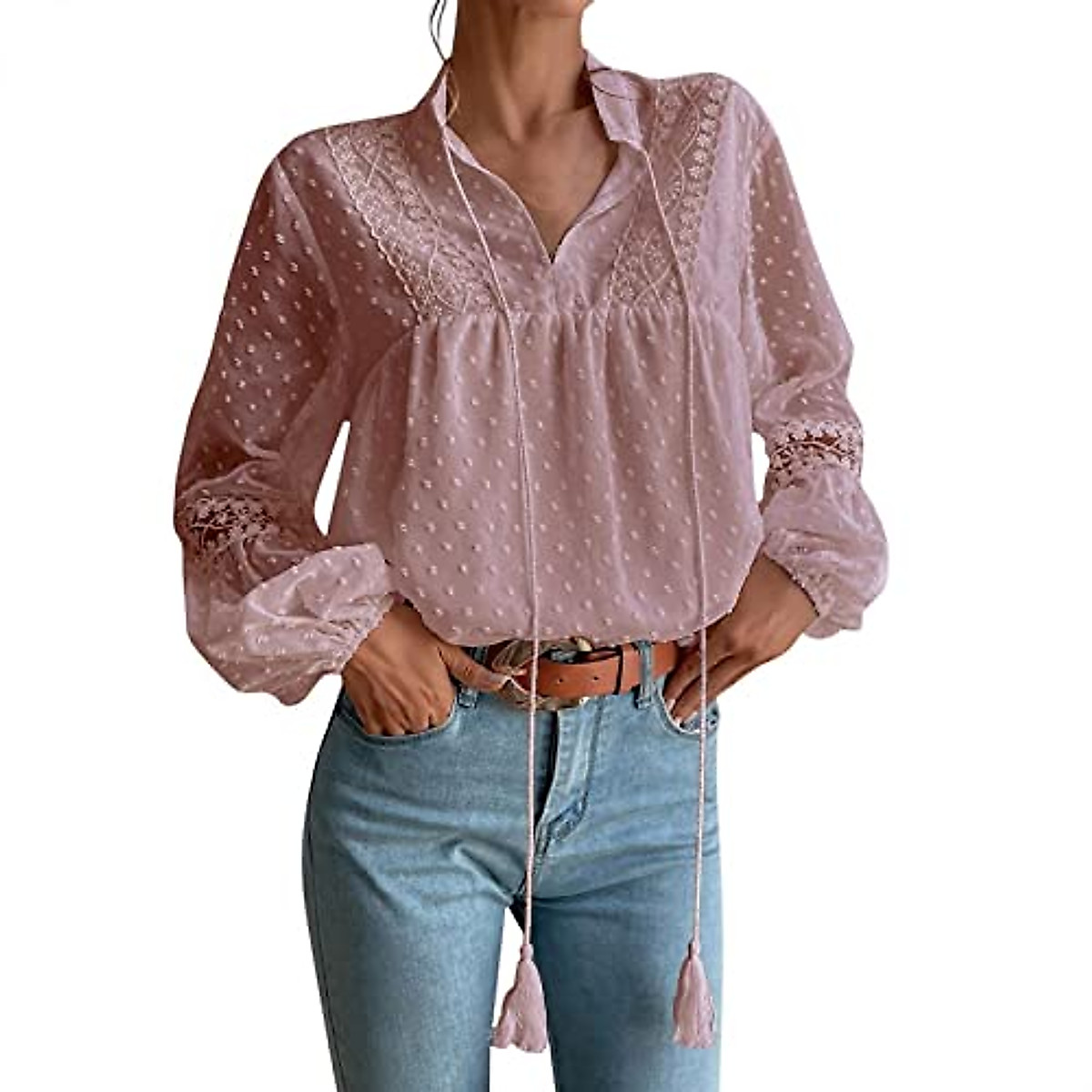 Long Sleeve Tops for Women Chiffon V Neck Collared Tie Neck Mesh Lace Fall Tshirts Tee Lanterned Sleeve Plain Autumn Elegant T-shirts Swiss Dot Summer Trendy Tunic Blouses Casual Solid Color Pink
