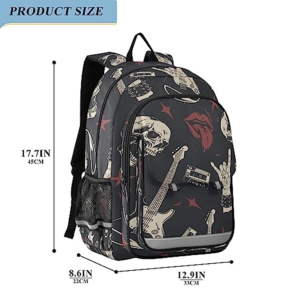 Glaphy Rock Music with Skulls Guitar Backpack School Bag Lightweight Laptop Backpack Student Travel Daypack with Reflective Stripes