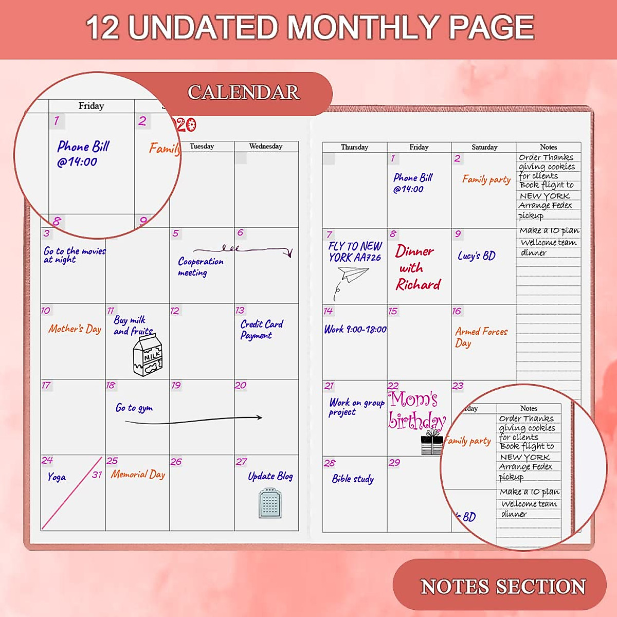Hardcover Undated Planner for Any Year - Weekly & Monthly Planner & Journal to Track Goals, Perfect to Organize Your Daily Life, 5.85" x 8.25", Rose