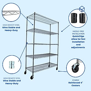 Crescent 4000 LBS 48L 18W 76H Epoxy Coated Gray, 5 Tier Racks for Storage, Heavy Duty Wire Shelving Rack with 4" Casters