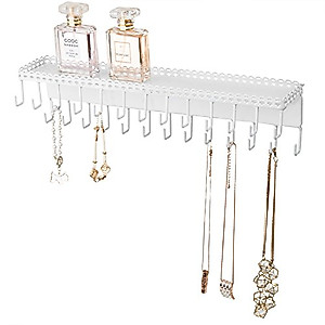 MyGift 26-Hook White Wall-Mounted Metal Jewelry Organizer with Display Shelf
