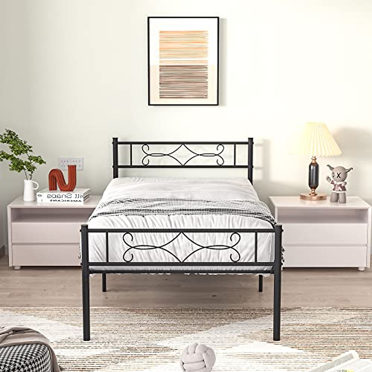 VECELO Twin Size Bed Frame Metal Platform/Mattress Foundation with headboard Footboard/Steel Slat Support/No Box Spring Needed/Easy Assembly