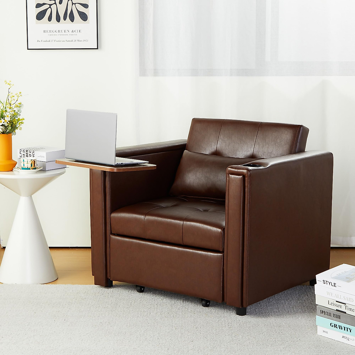 AVZEAR Sofa Bed, 4-in-1 Convertible Single Sofa Chair Bed with Pillow, Multi-Functional Sleeper Sofa Bed with Adjustable Backrest, Modern PU Sleeper Chair Bed for Apartment Small Space, Brown