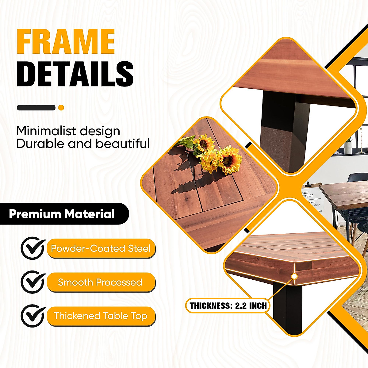 Flamaker Dining Table for 6 FSC Acacia Wood Indoor Outdoor Home Kitchen Table with Iron Legs Large Rectangular Patio Table for Deck, Sunroom (Walnut)